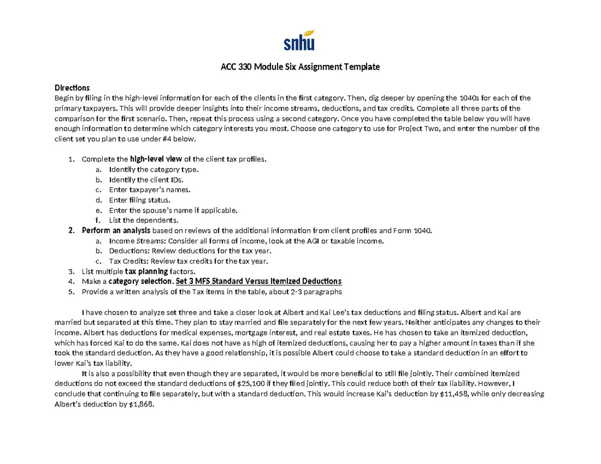 ACC 330 Module Six Tax Profile Analysis and Comparison Assignment - Studocu