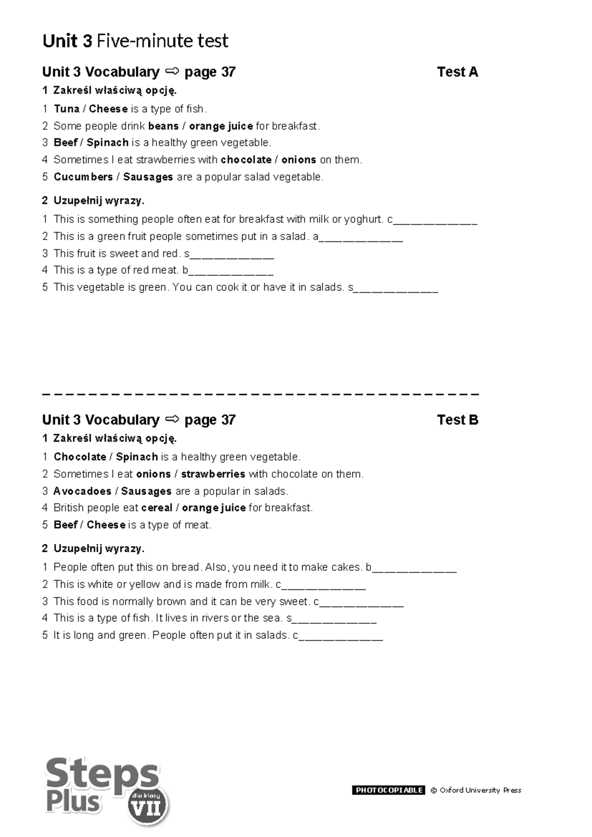 Steps Plus VII Unit 3 5-Minute Test: Vocabulary & Grammar - Studocu