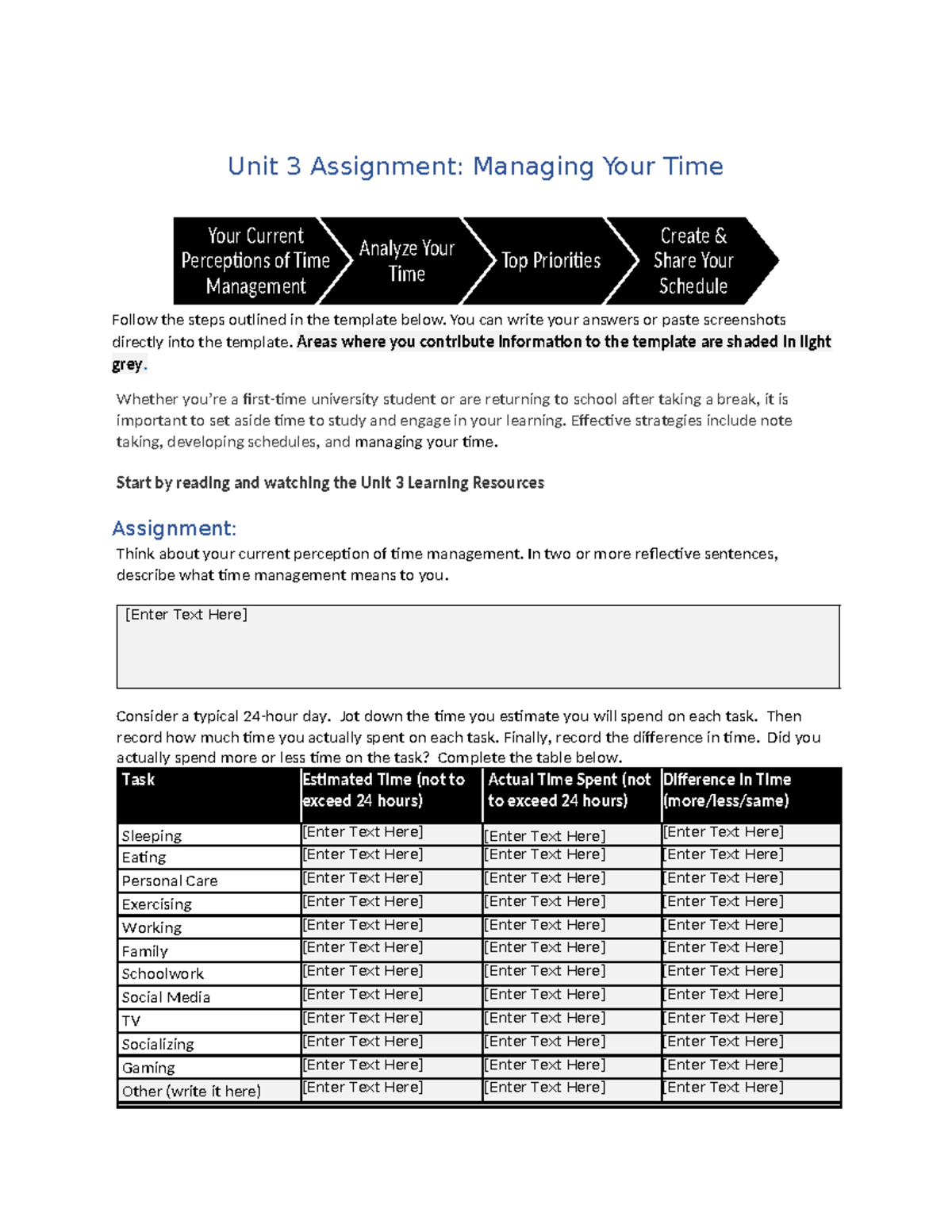 Unit 3 Assignment: Time Management Analysis & Schedule Template - Studocu