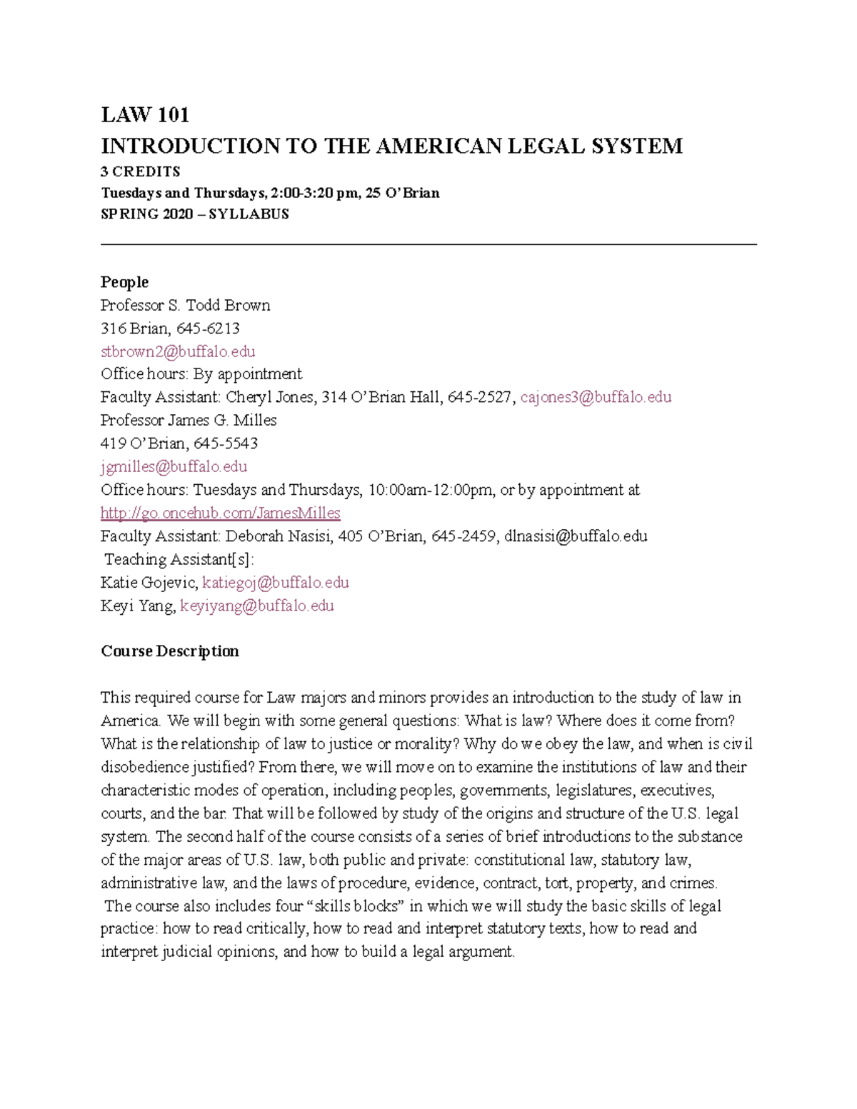 LAW 101 - Spring 2020 Course Syllabus: Introduction to American Legal ...