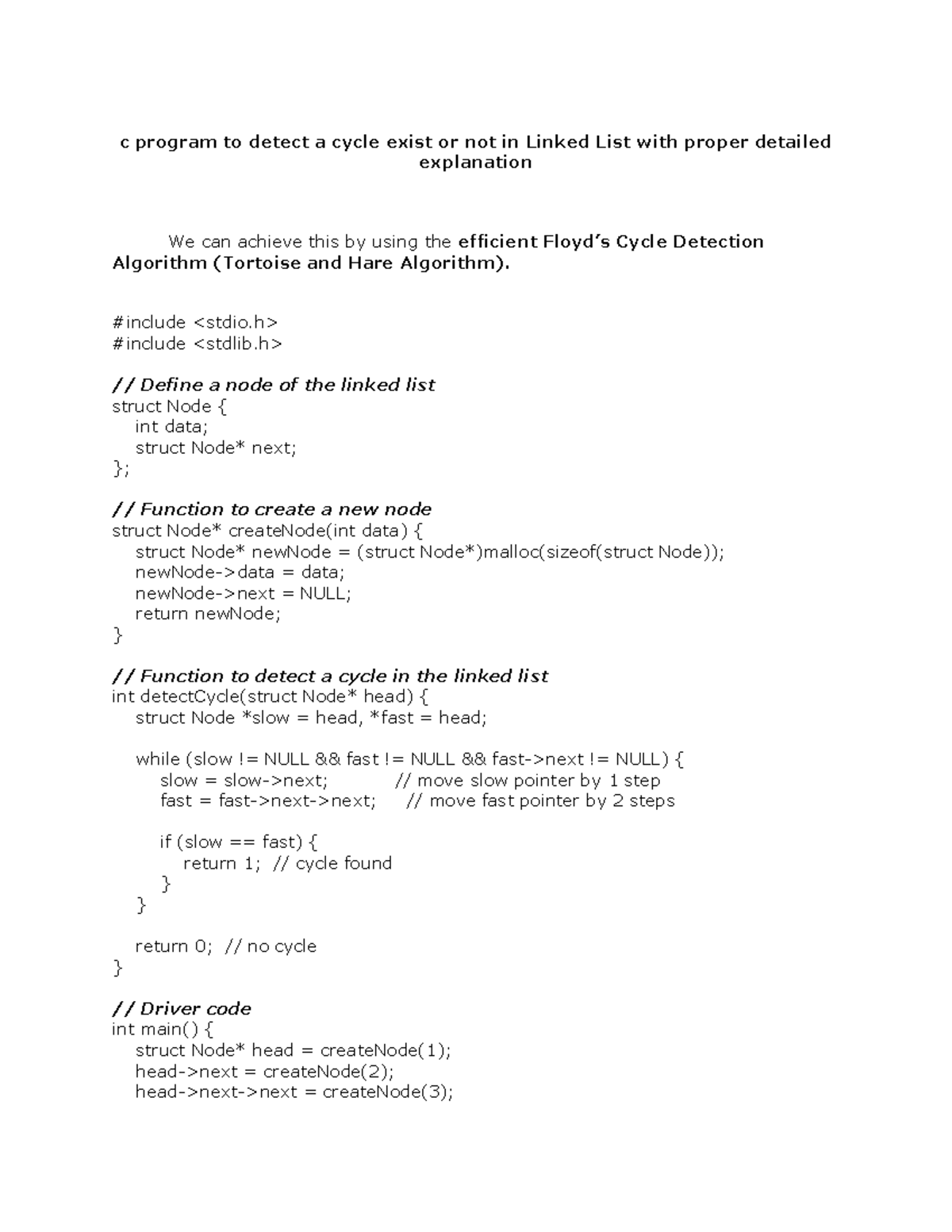 C Program (CS101) for Cycle Detection in Linked List: Detailed Guide - Studocu
