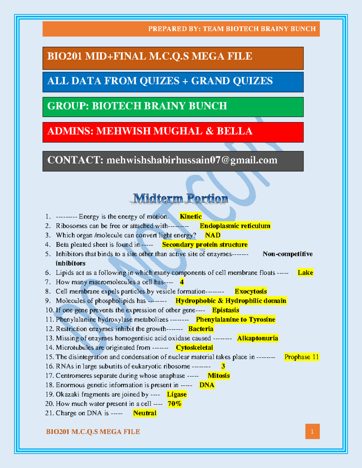 BIO201 M.C.Q.S MEGA FILE: Comprehensive Quiz Data by Biotech Brainy ...
