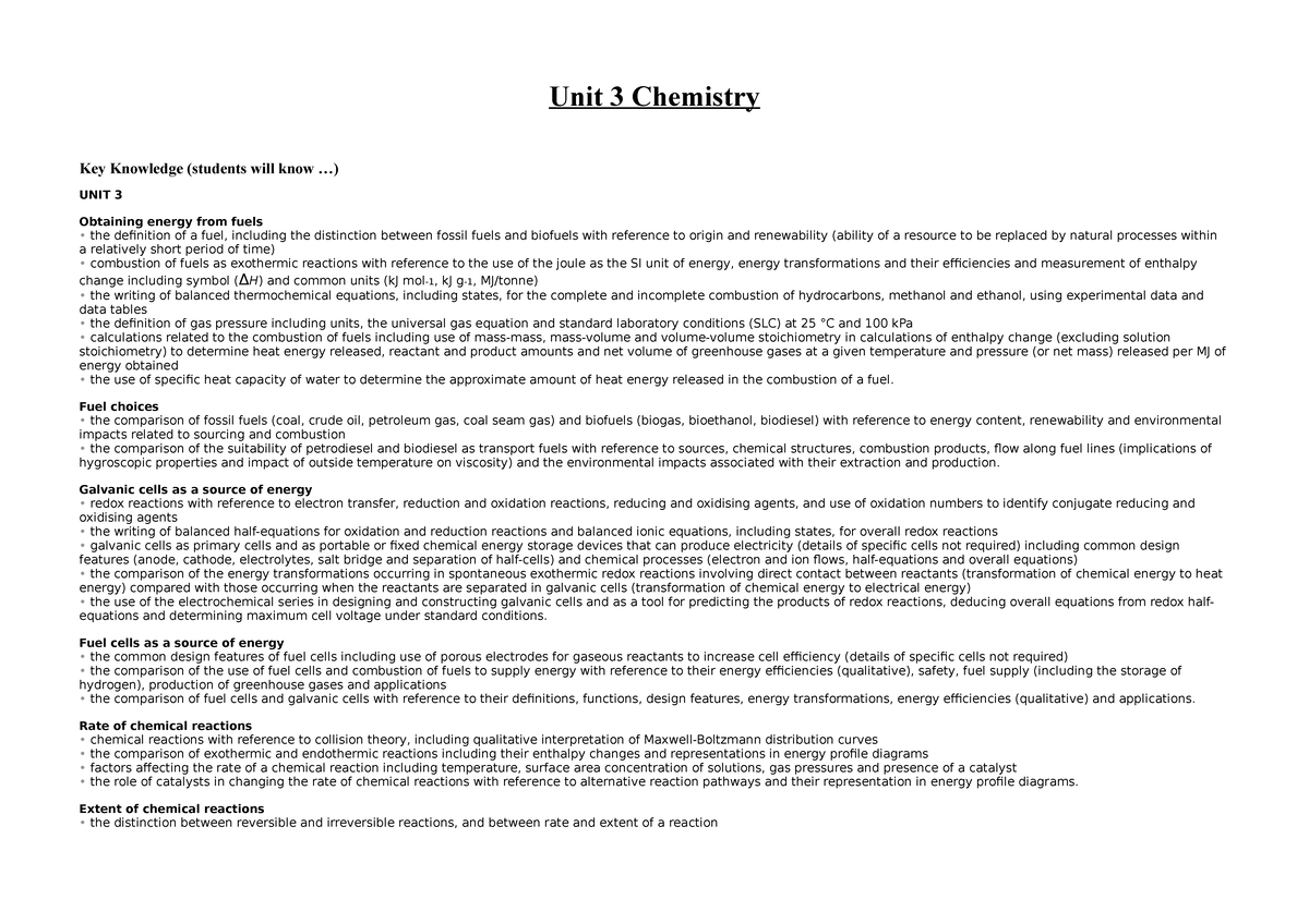Unit 3 Chemistry Overview and Key Concepts (2021) - Studocu