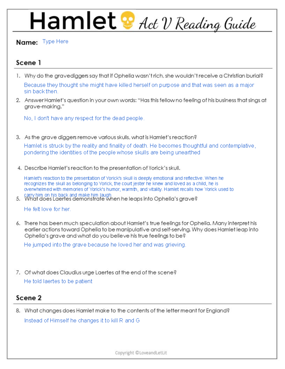 Hamlet Act V Reading Guide: Reflections on Death and Grief - Studocu