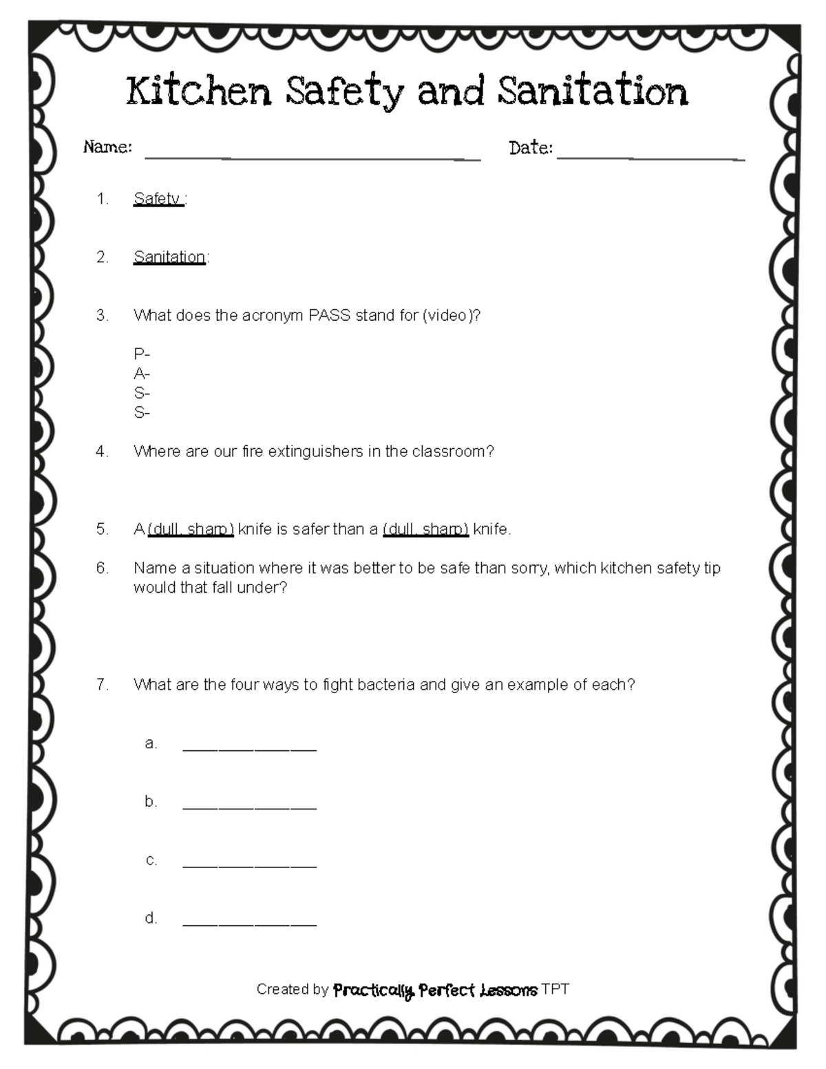 - 7th Kitchen Safety and Sanitation Worksheet - Kitchen Safety and ...