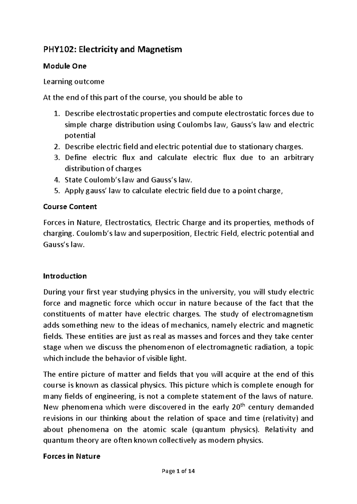 PHY102: Module One - Electrostatics and Electric Forces Overview - Studocu