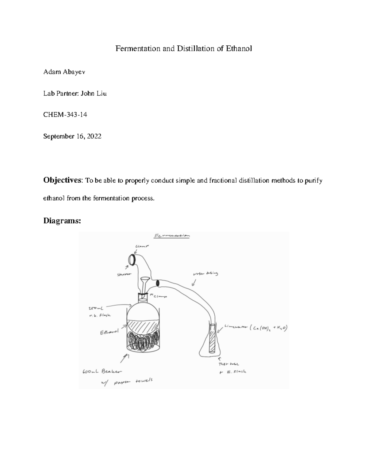 Chem 343 - Lab 3 Report - Fermentation and Distillation of Ethanol Adam ...