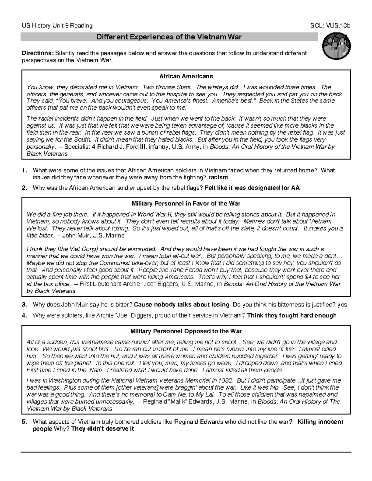 Vietnam Experiences - tec - US History Unit 9 Reading SOL: VUS ...