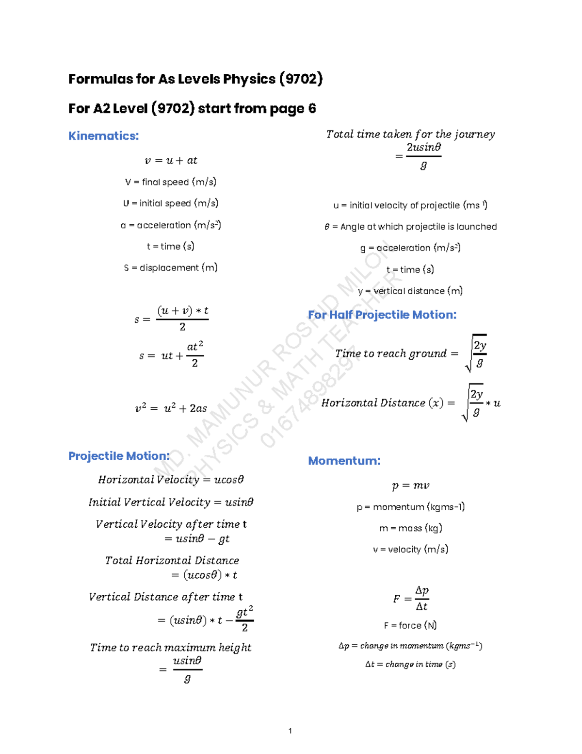 Formulas for A Level Physics (9702) - Kinematics and More - Studocu