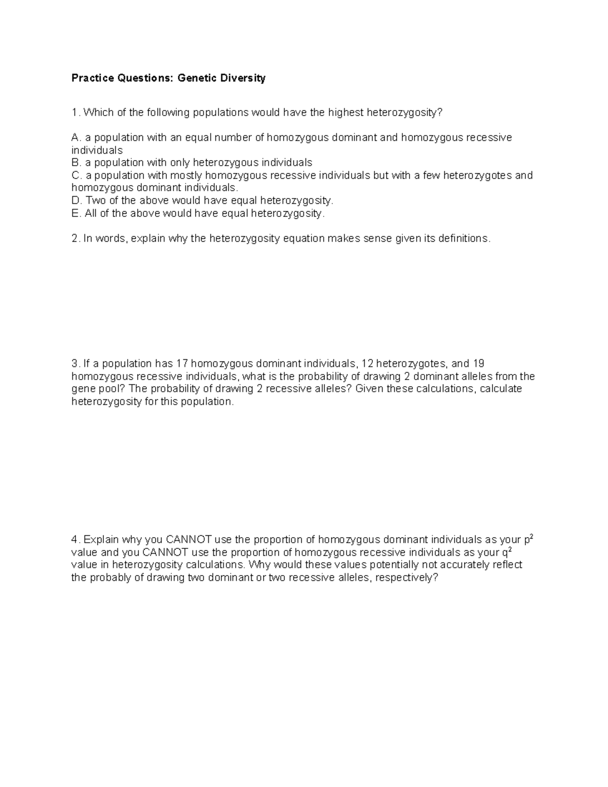 Genetic Diversity Practice Questions: Heterozygosity Analysis - Studocu