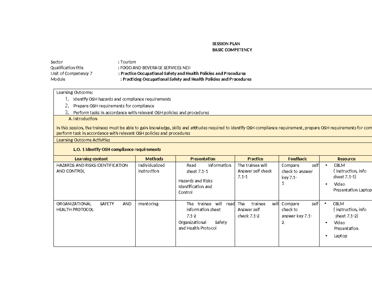 Session Plan - Basic Competency 4: OSH Procedures in Food & Beverage ...