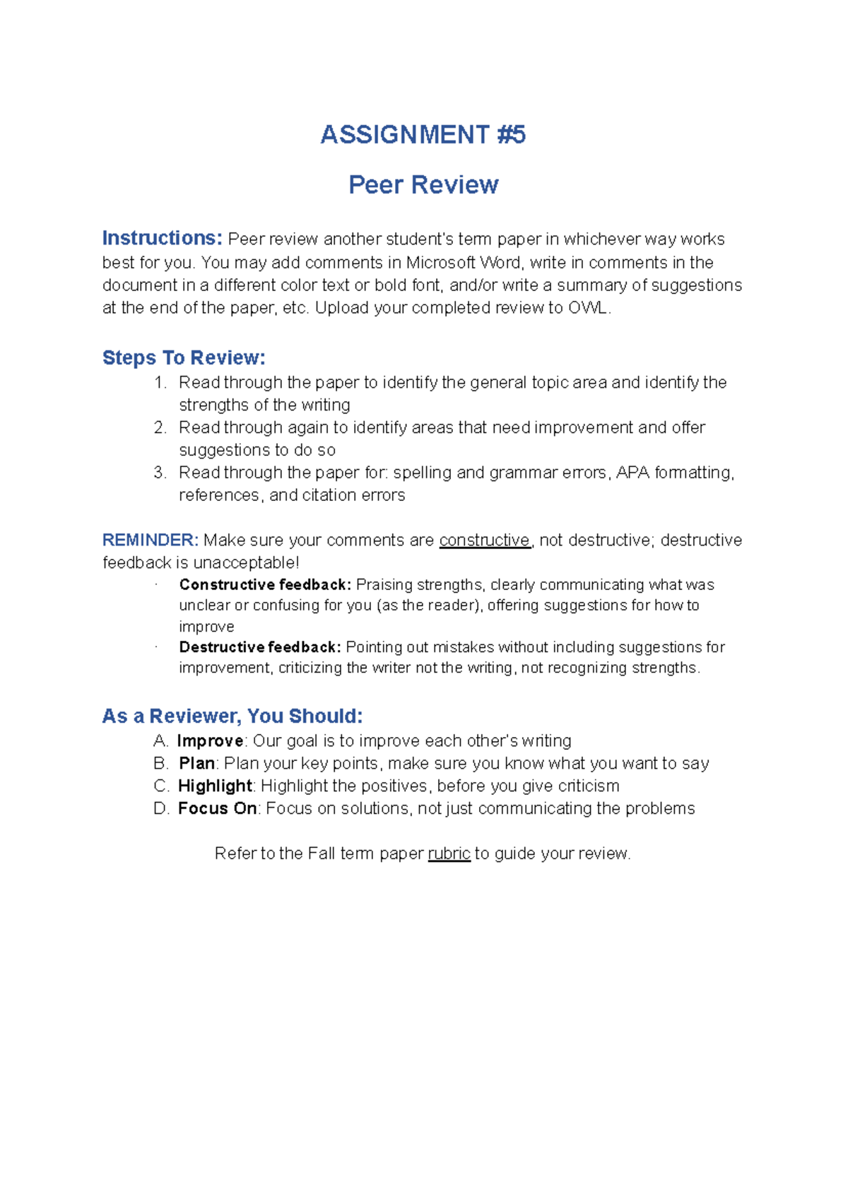 PSY2801F Term Paper Assignment Guidelines and Peer Review Instructions ...
