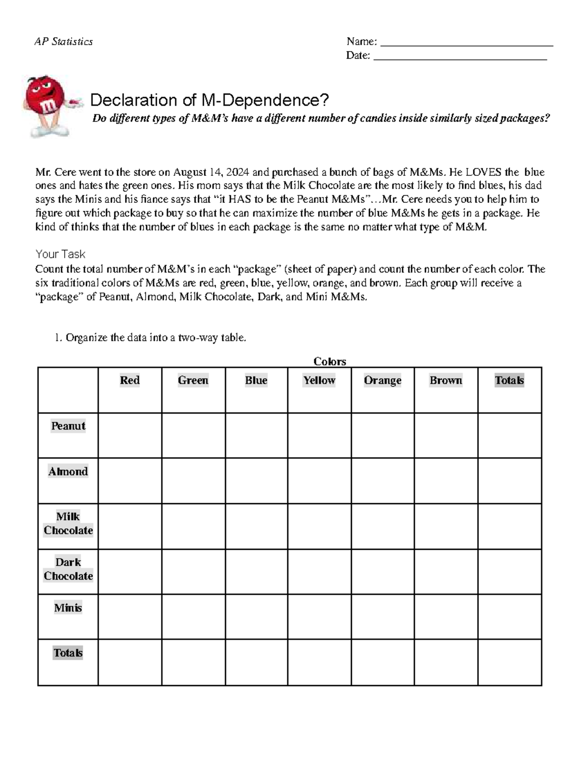 AP Statistics MM Probability and Association Lab: Candy Color Analysis ...