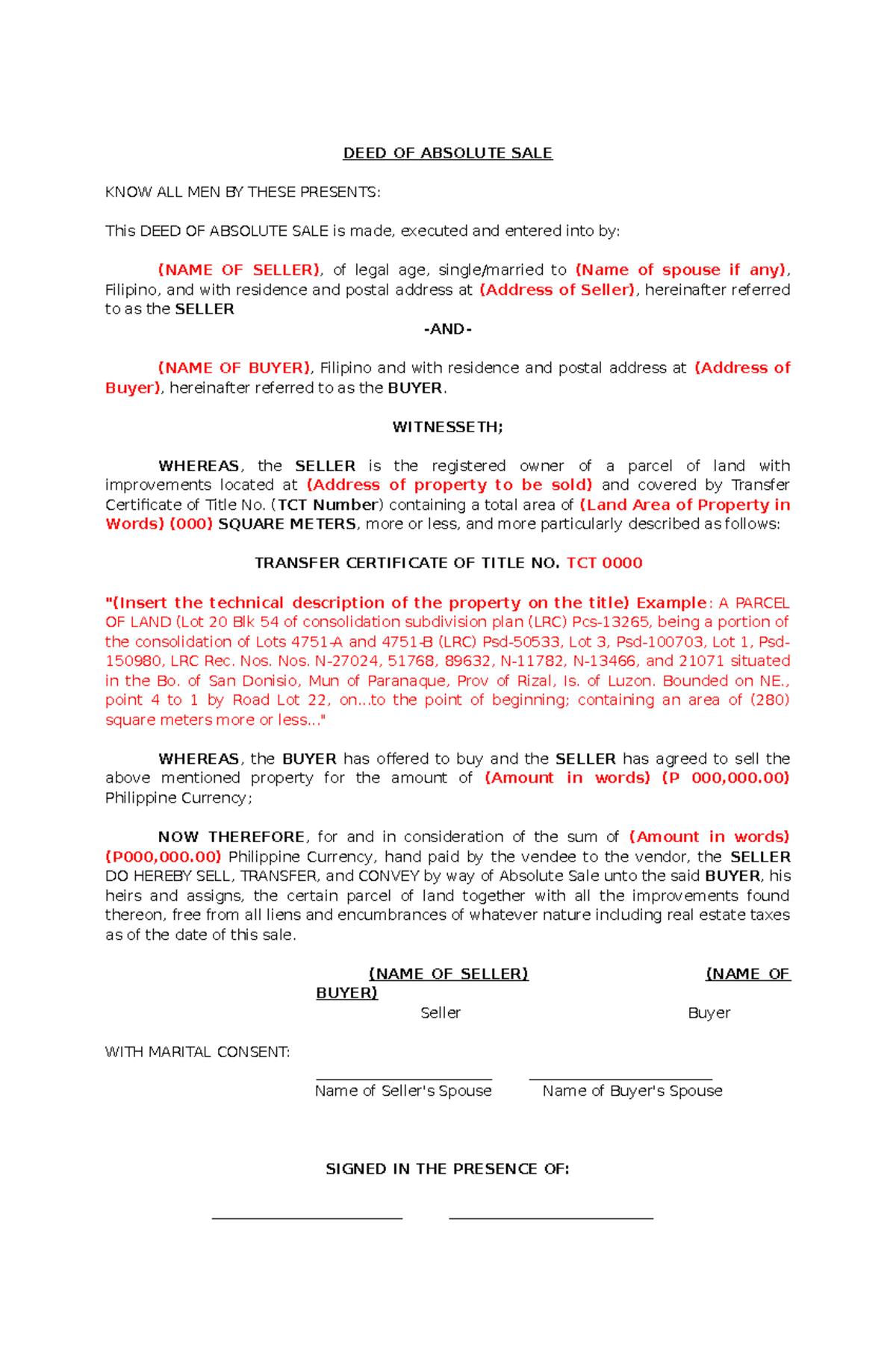 DEED OF Absolute SALE template - DEED OF ABSOLUTE SALE KNOW ALL MEN BY THESE PRESENTS: This DEED ...