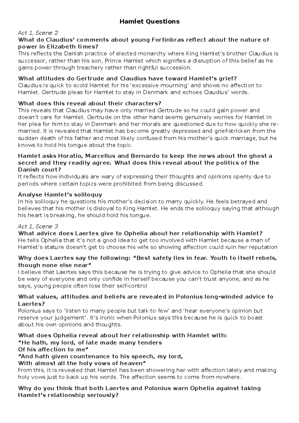 Hamlet Questions: Analyzing Power, Grief, and Relationships in Act 1-4 ...