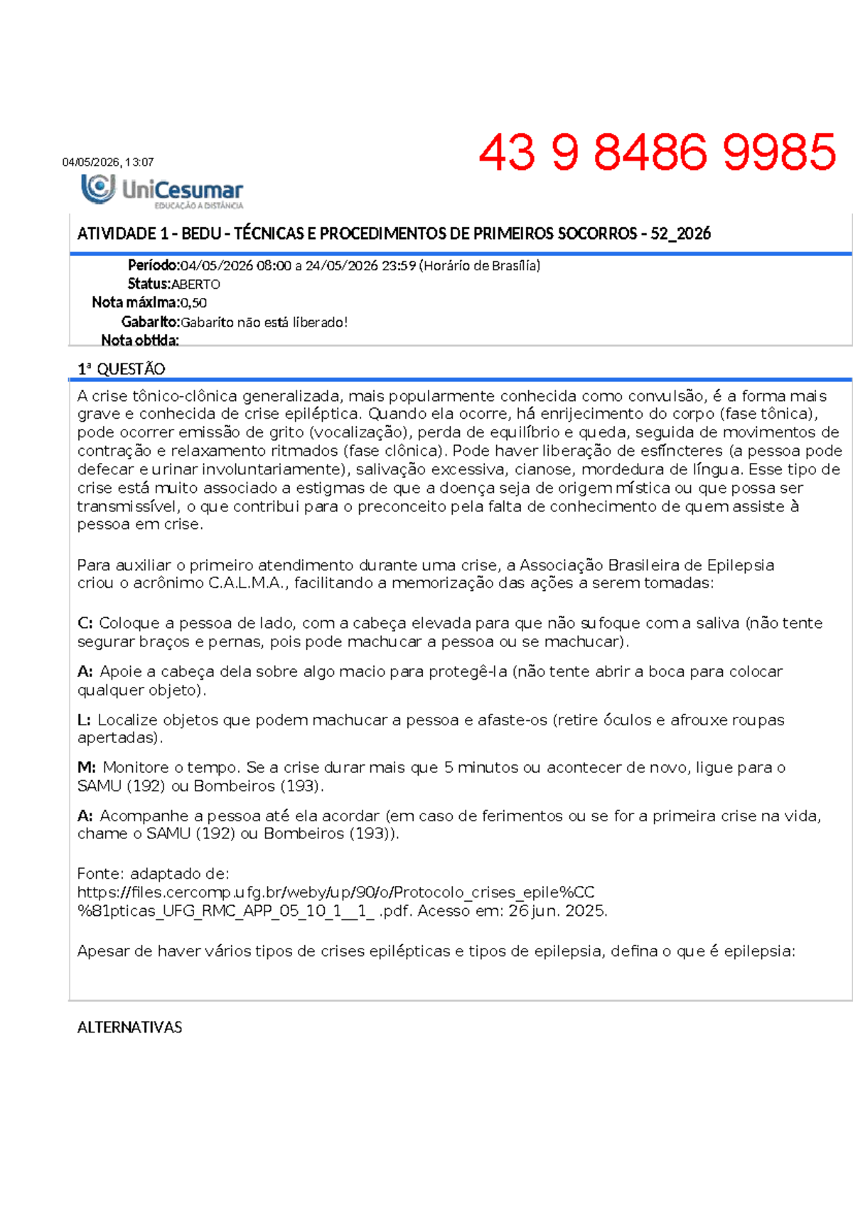 Atividade 1 - Técnicas e Procedimentos de Primeiros Socorros - BEDU 52 ...