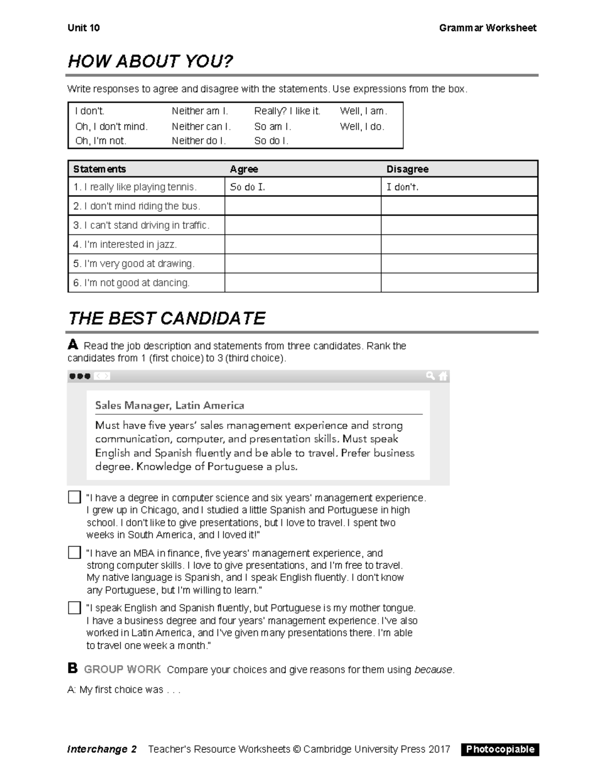 Interchange 5th Ed Level 2 Unit 10 Grammar & Candidate Ranking ...