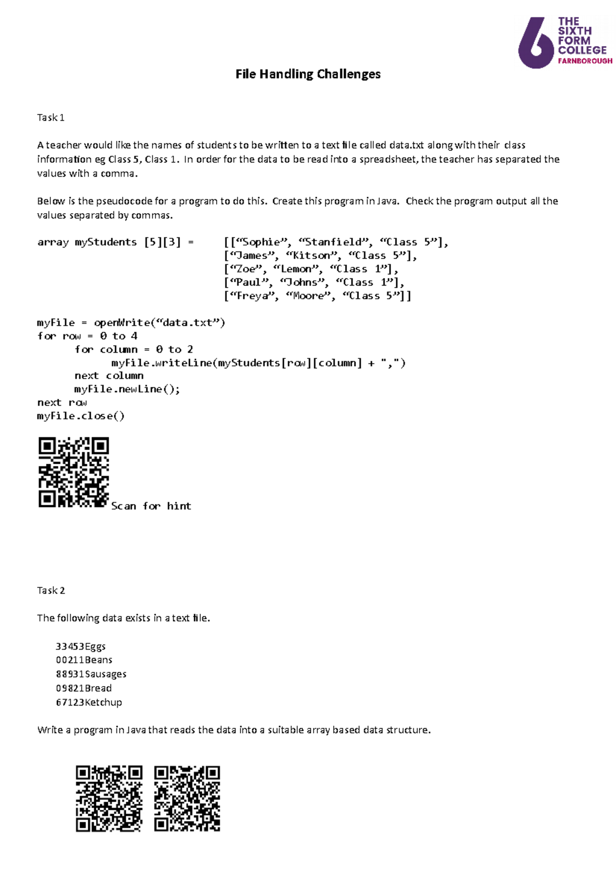 File Handling Tasks for Java Programming (Workbook) - Studocu