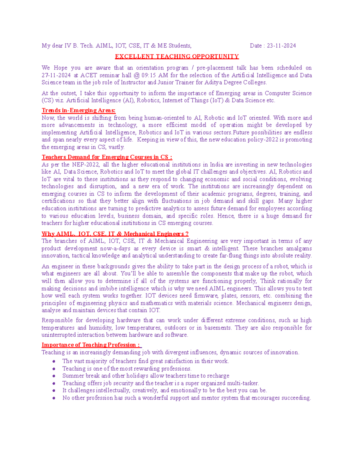 Letter to students - oops - My dear IV B. Tech. AIML, IOT, CSE, IT & ME ...