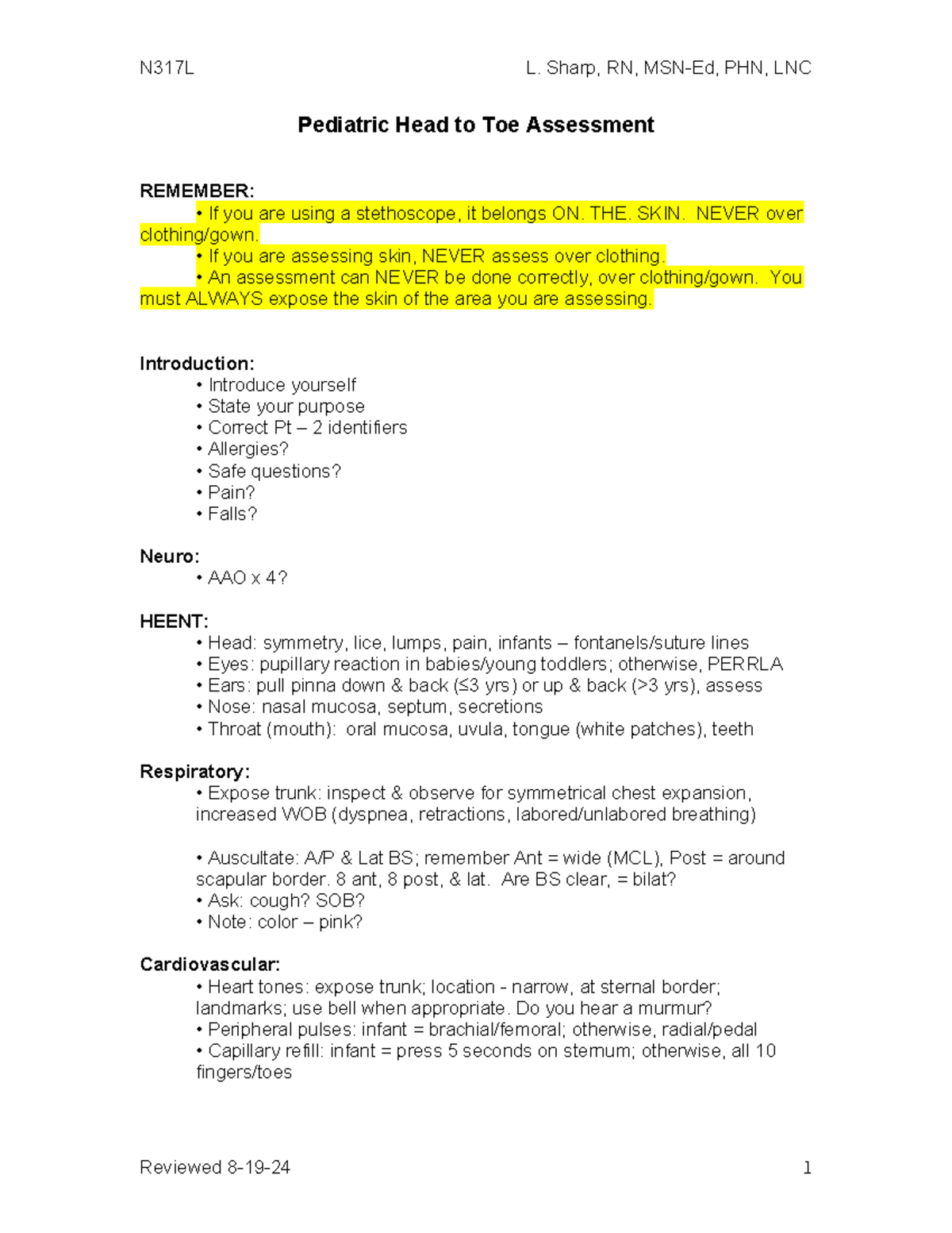 Pediatric Head-to-Toe Assessment Guidelines - N317L - Studocu