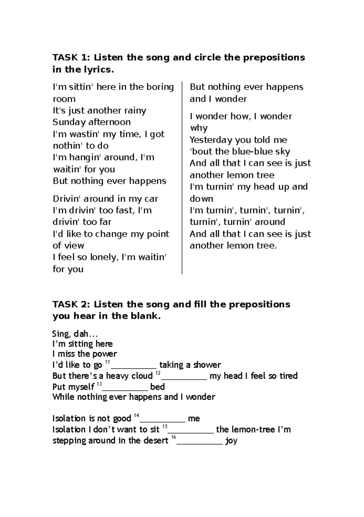TASK 1 & 2: Prepositions in Song Lyrics - SONG Hangout - Studocu