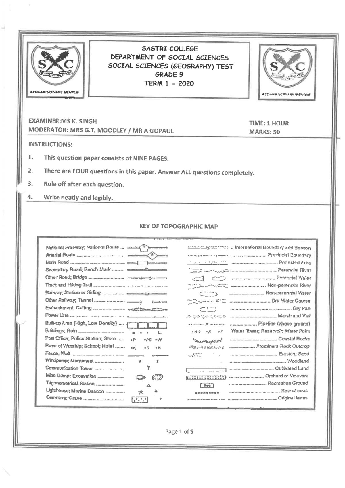 SASTRI COLLEGE SOCIAL SCIENCES (GEOGRAPHY) GRADE 9 TERM 1 TEST 2020 ...