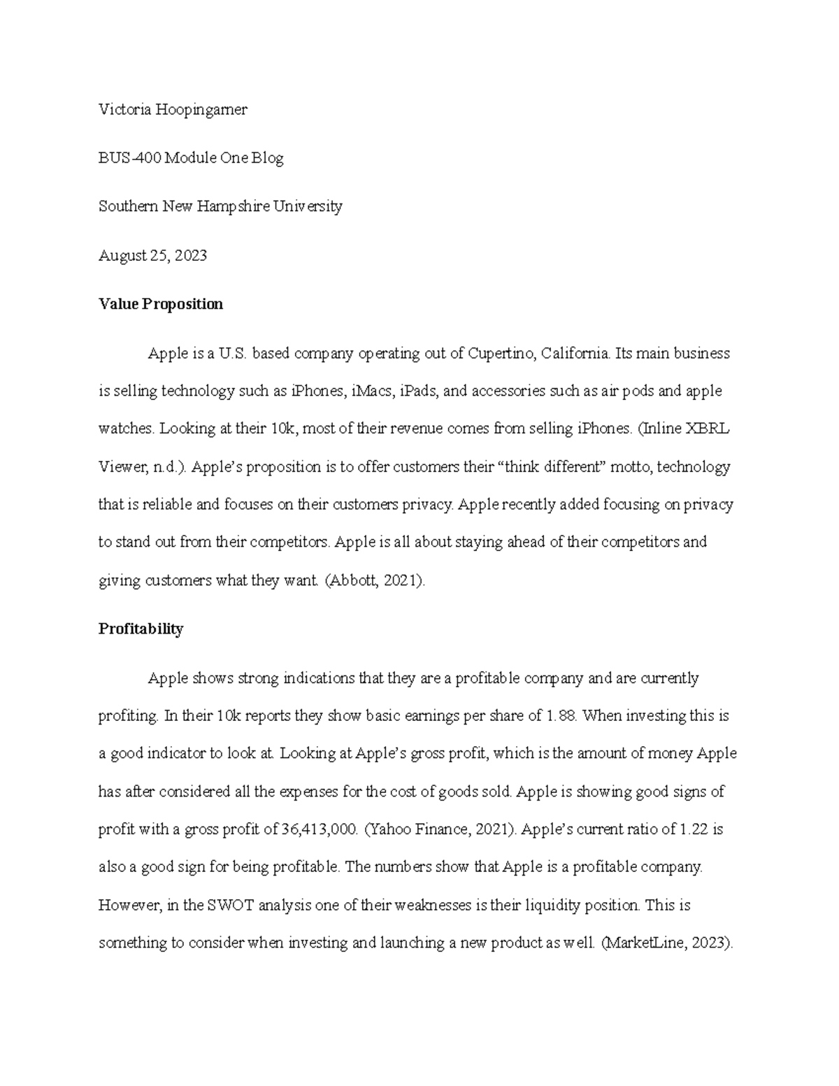 BUS400-DBO - Milestone two - Victoria Hoopingarner BUS-400 Module One ...