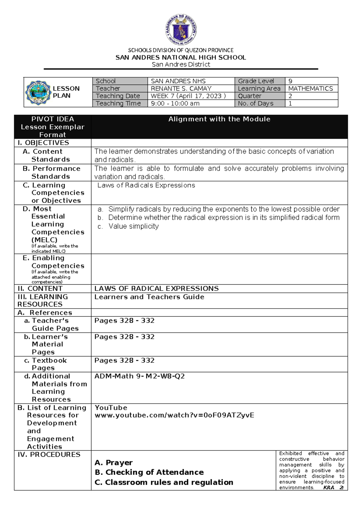 Grade 9 Mathematics Lesson Plan: Laws of Radicals (Week 7) - Studocu