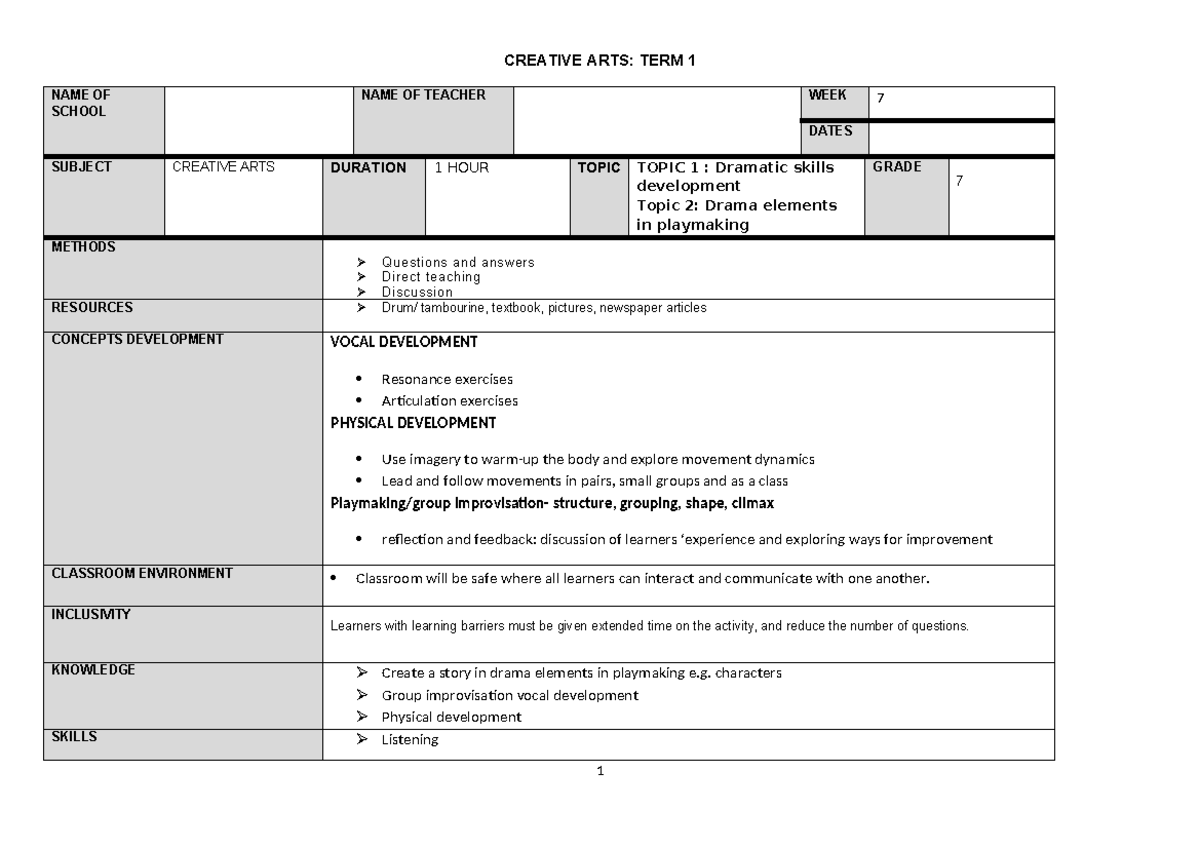 Creative Arts Lesson Plan: Term 1, Week 7 - Grade 7 - Studocu