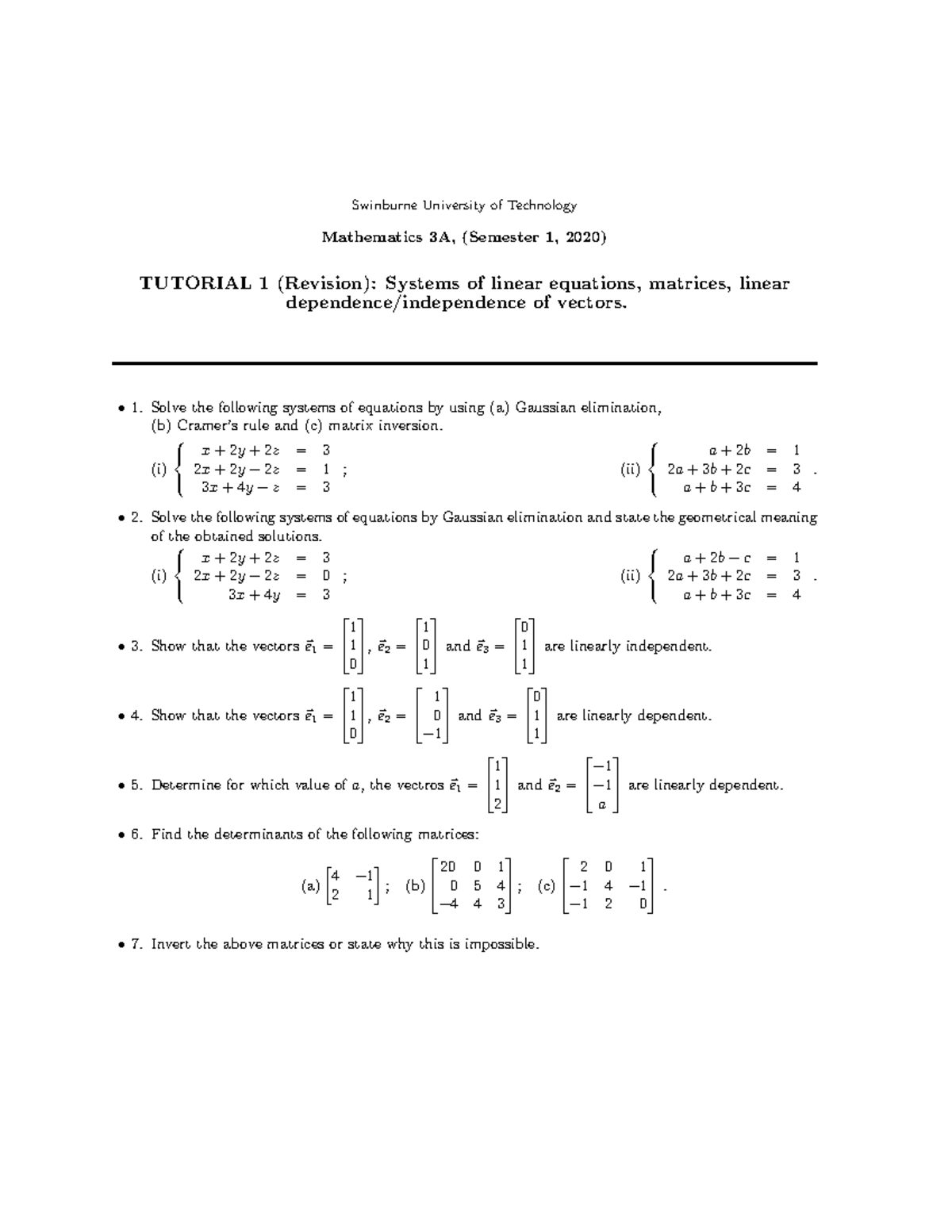 T1 - tute - Swinburne University of Technology Mathematics 3A, (Semester 1, 2020) TUTORIAL 1 ...