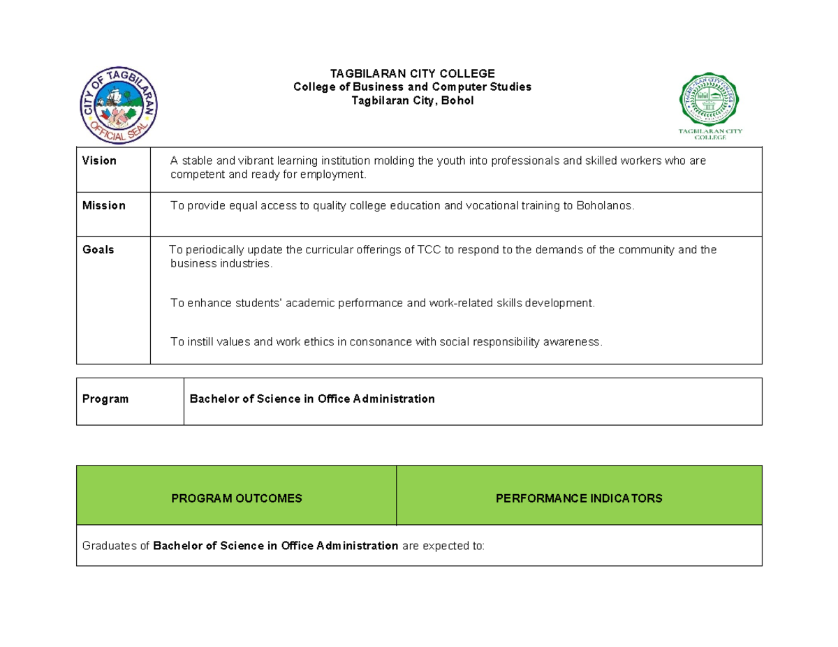 OA312 Syllabus: Bachelor of Science in Office Administration 2025-2026 ...