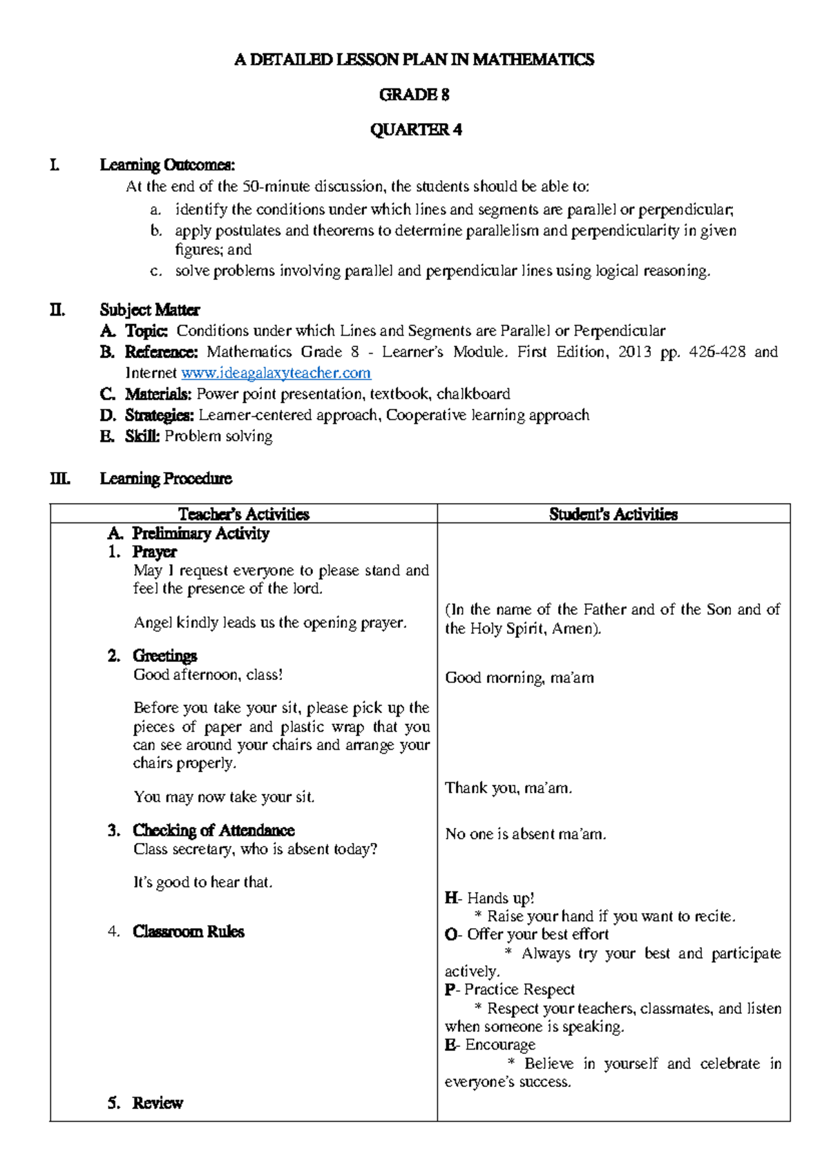 Mathematics Grade 8 Lesson Plan: Parallel & Perpendicular Lines - Studocu