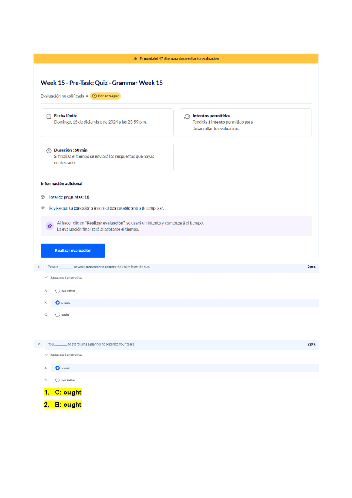 Week 15 - Pre-Task Quiz - Grammar Evaluación - 15 de diciembre 2024 ...