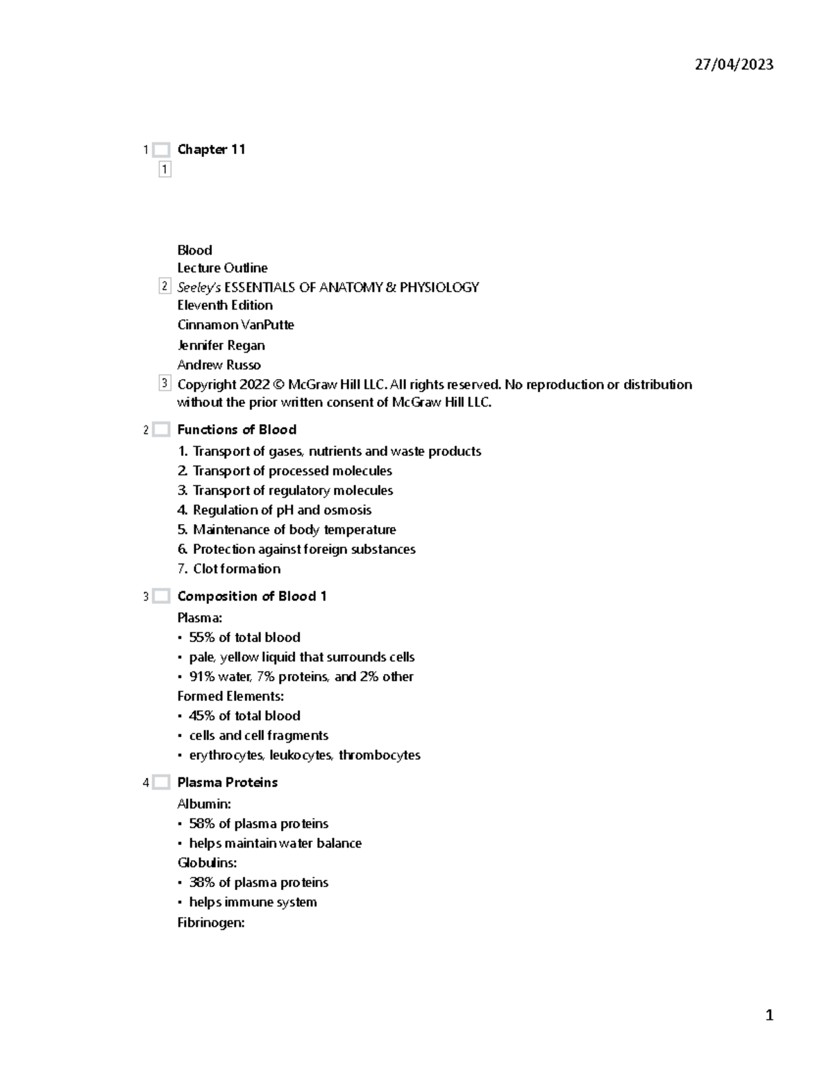 Ch.11 Blood - Lecture Outline & Key Concepts from Seeley’s Anatomy ...