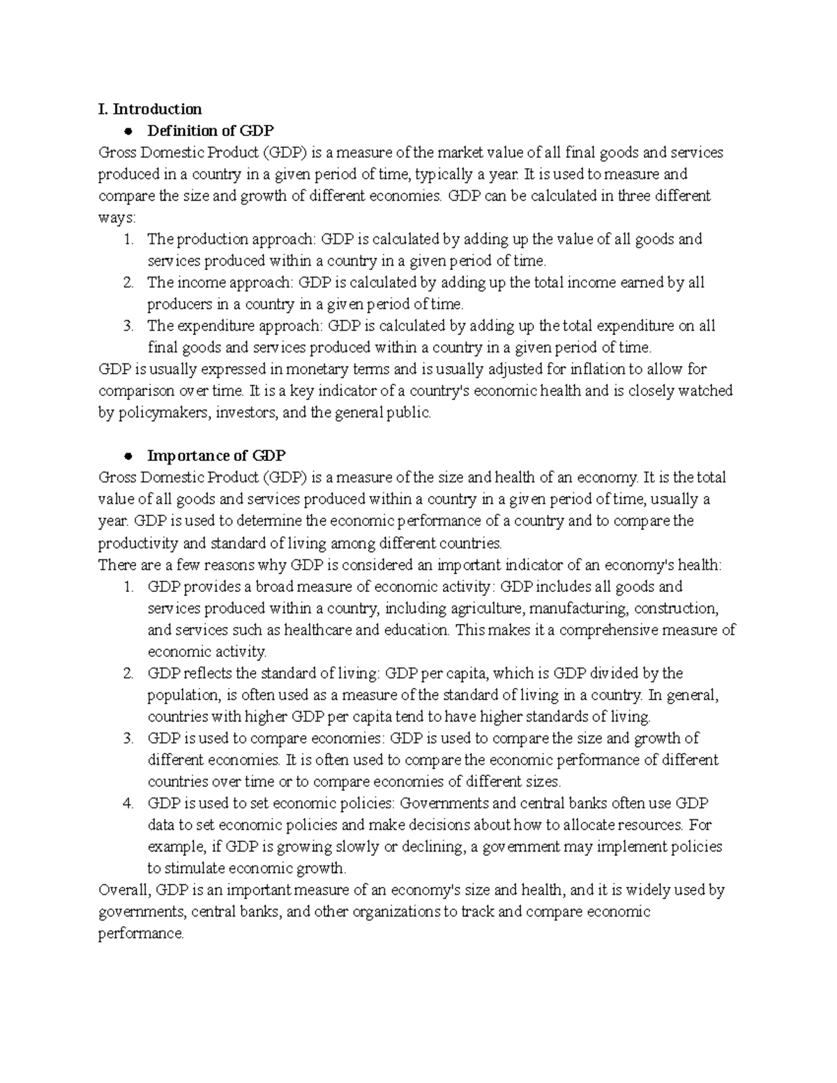 Gdp and Growth Notes - I. Introduction Definition of GDP Gross Domestic ...