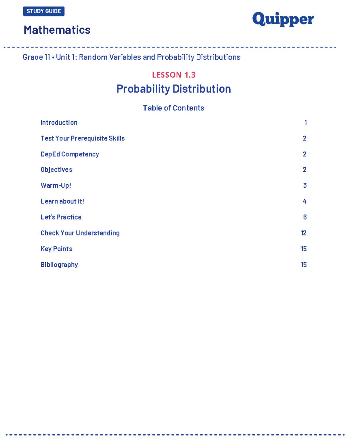 Mathematics Grade 11 Unit 1: Random Variables & Probability ...