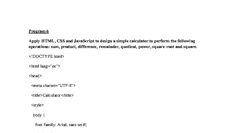 Program 6: Simple Calculator Design Using HTML, CSS & JS - Studocu