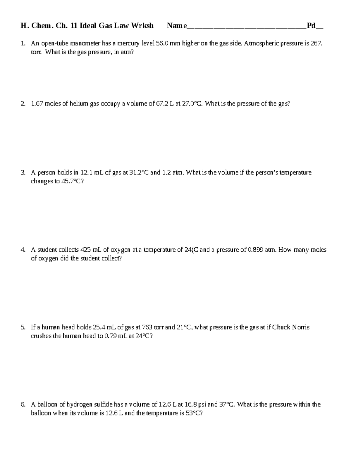 Ch. 11 Ideal Gas Law Worksheet - H. Chem. - Studocu