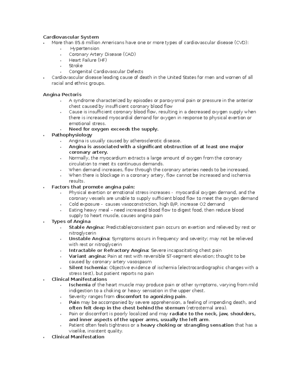 Cardiovascular System Overview: CVD, Angina, CAD, and HF Insights - Studocu