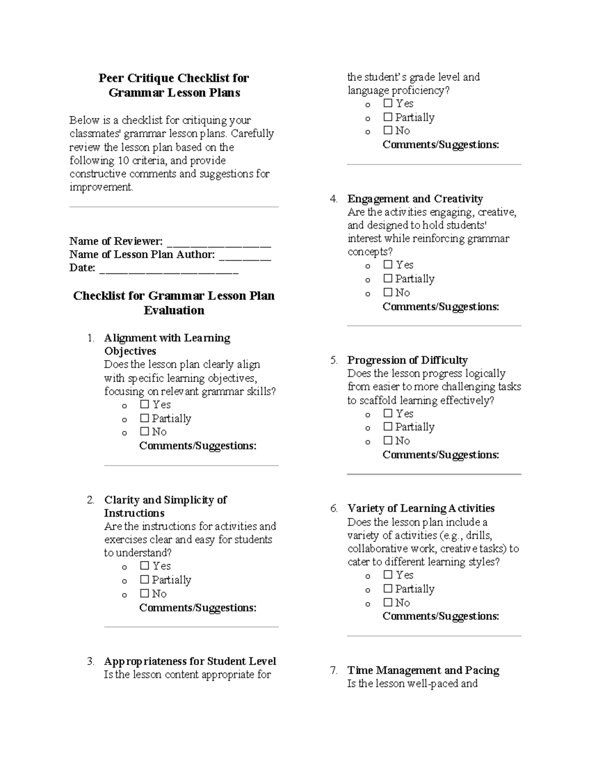 Peer Critique Checklist for Grammar Lesson Plans Evaluation - Studocu