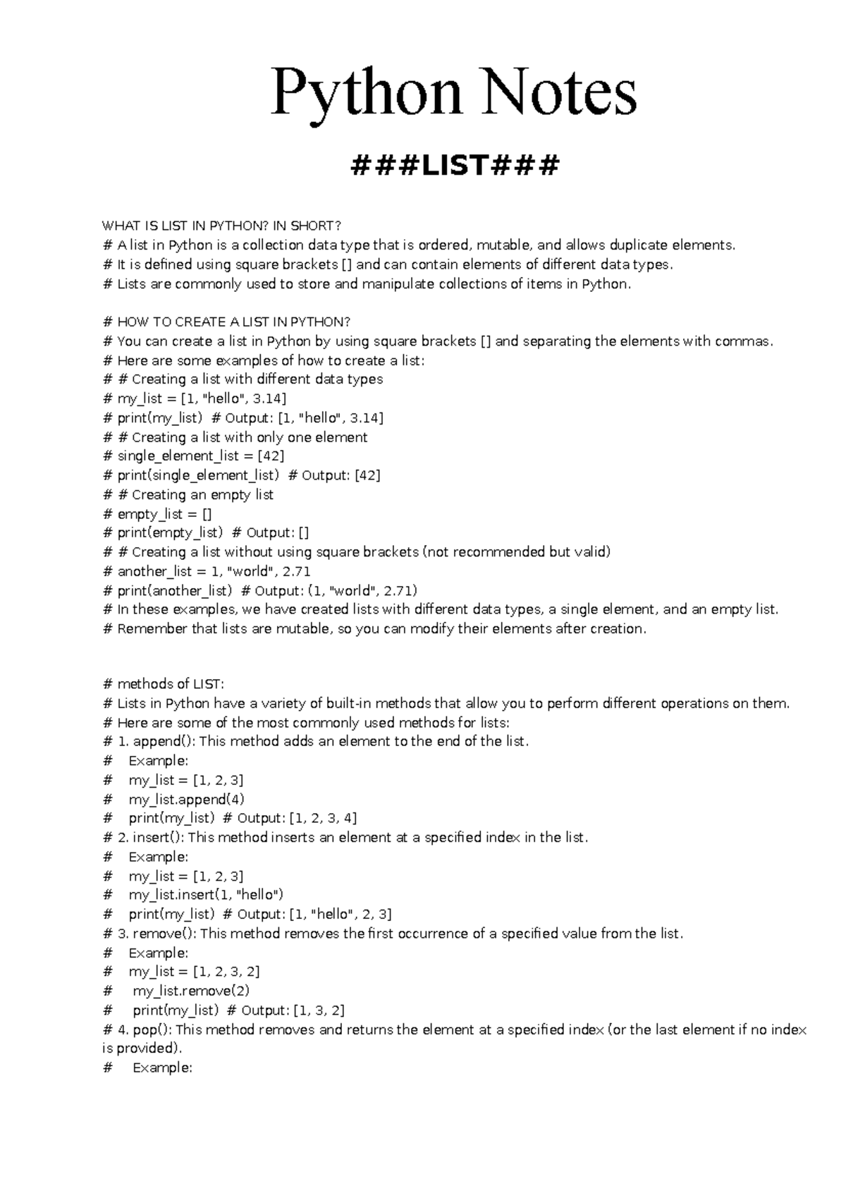 Python Notes: Understanding Lists and Their Methods - Studocu