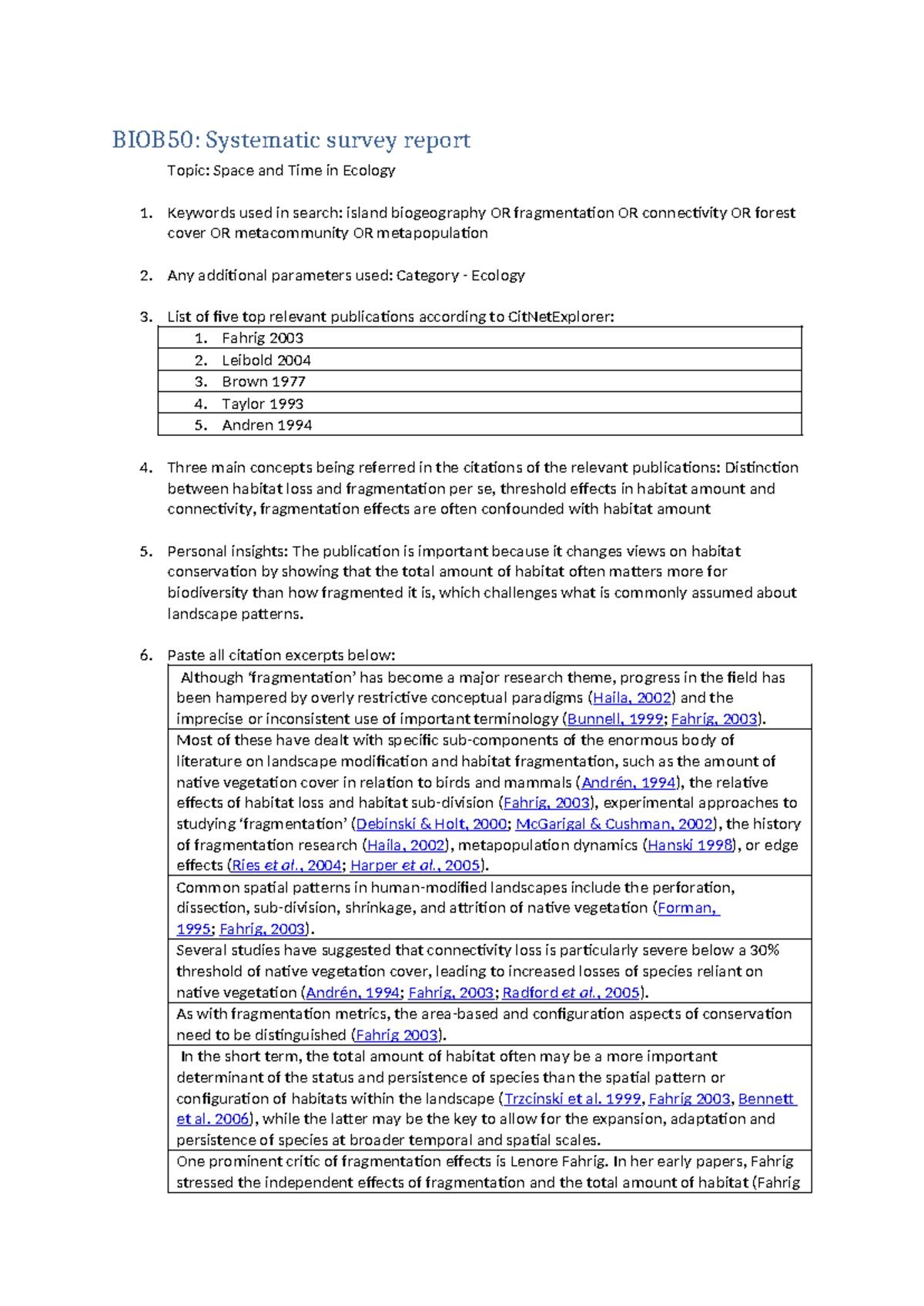 BIOB50: Survey Report on Space and Time in Ecology - Studocu
