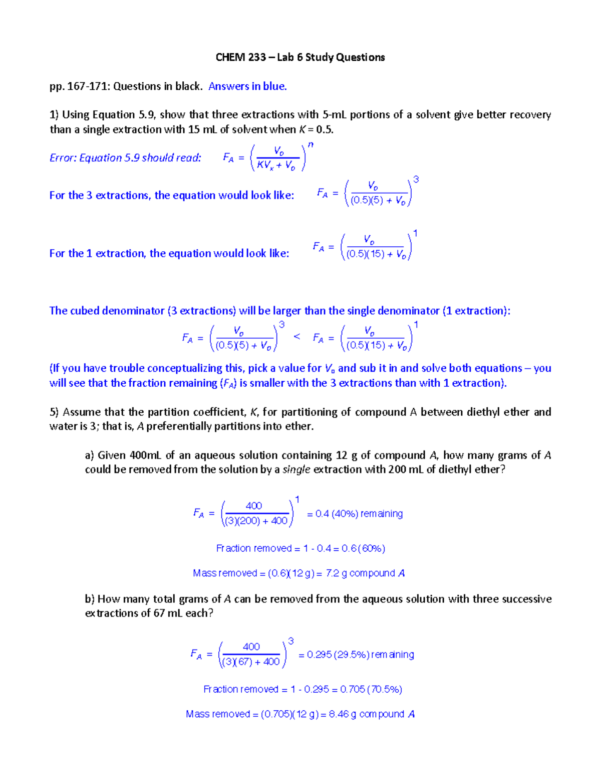 CHEM 233 Lab 6 Extraction Study Questions and Solutions - Studocu