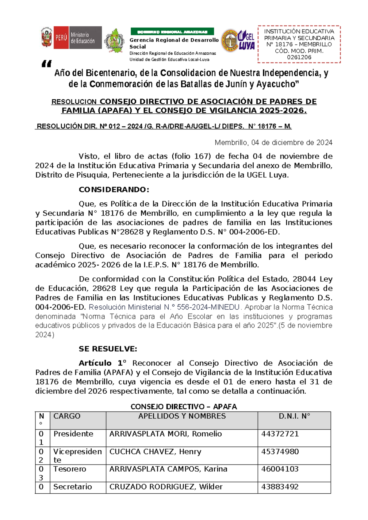Resolución del Consejo Directivo APAFA 2025-2026 - I.E.P. N° 18176 - Studocu
