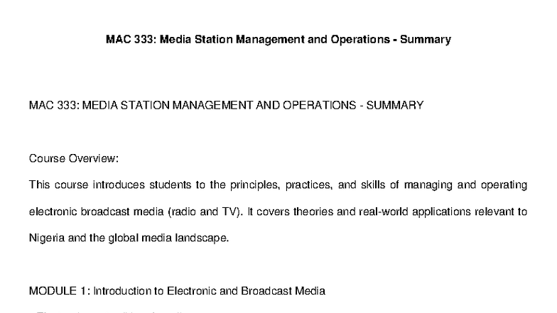 MAC 333 Media Station Management & Operations Summary - Studocu