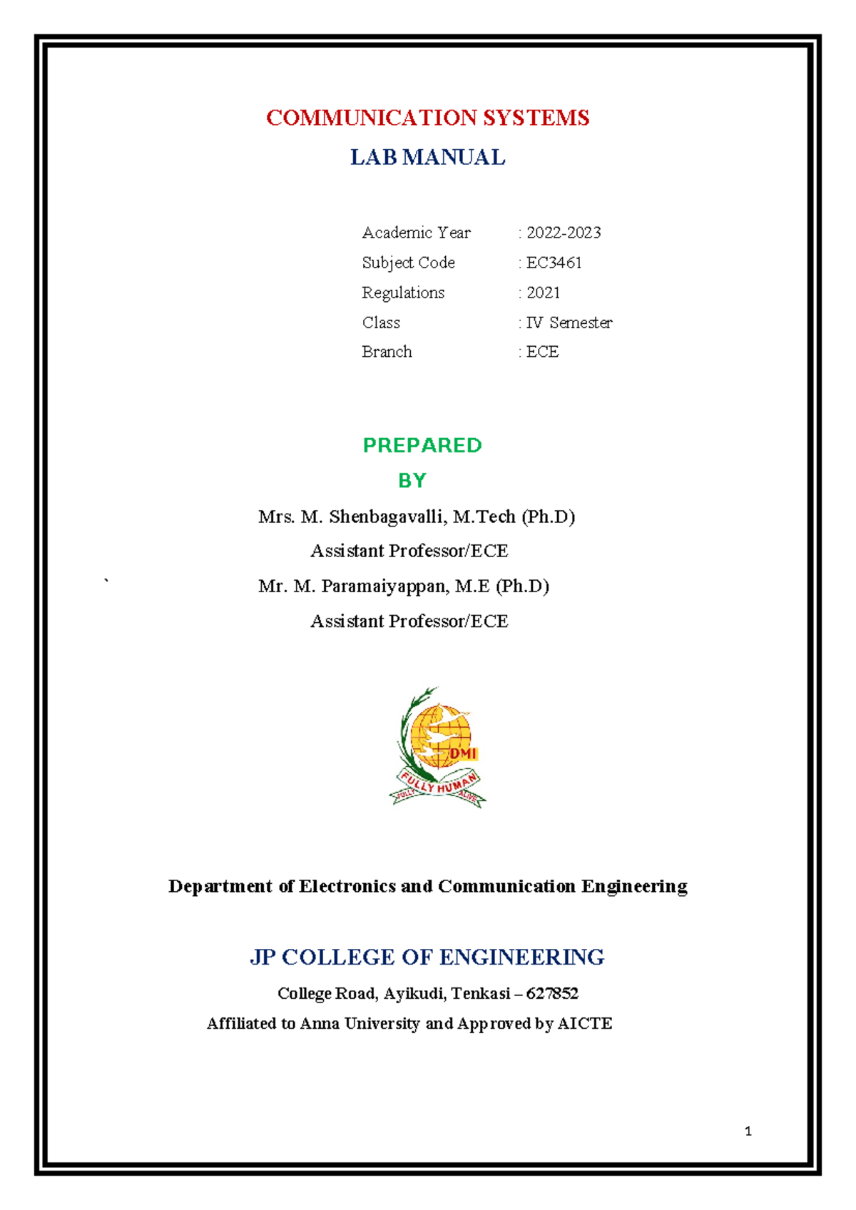 EC3461 Communication Systems Lab Manual - Final Exam Guide - Studocu