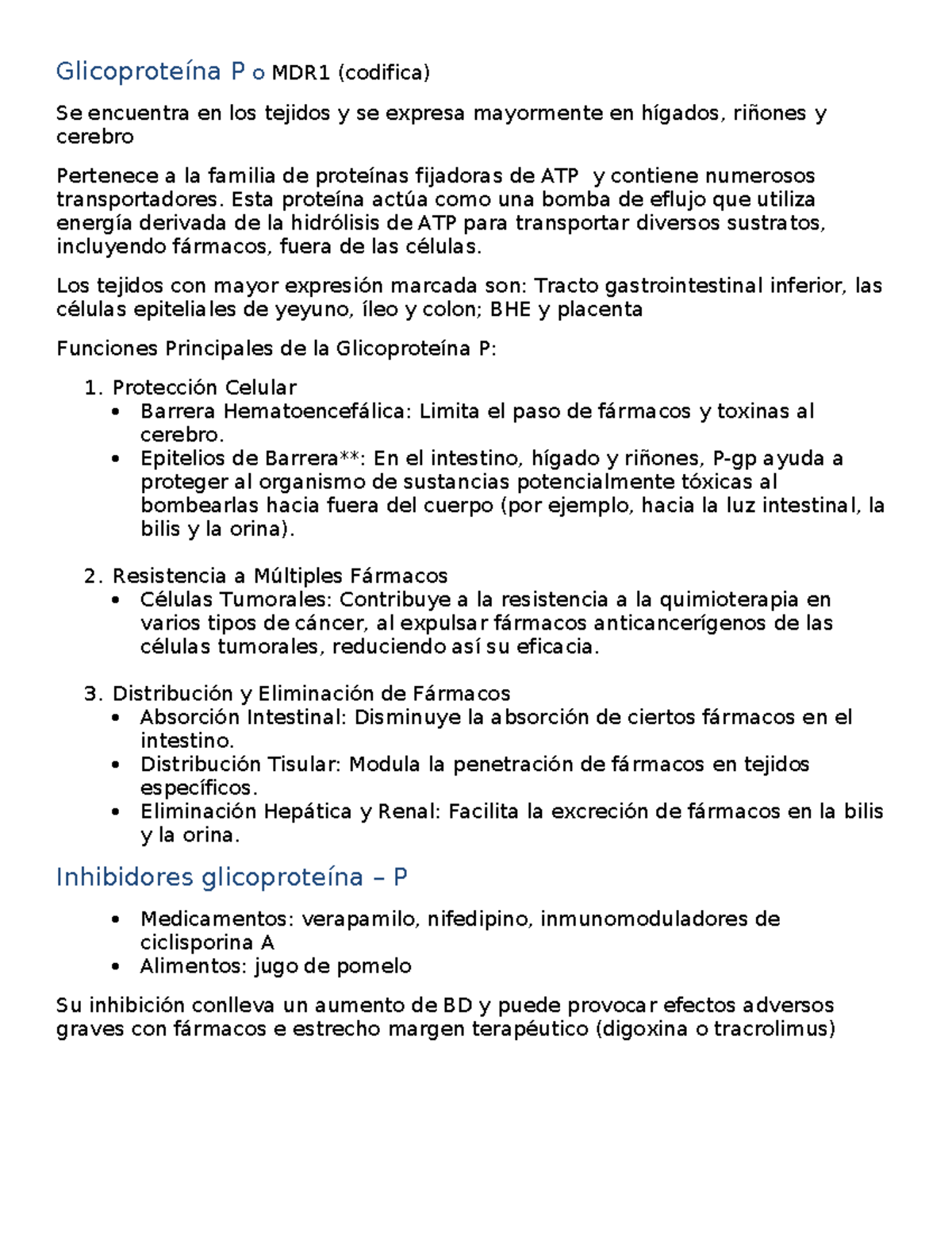 Resumen sobre Glicoproteína P (MDR1) y Metabolismo de Fármacos - Studocu