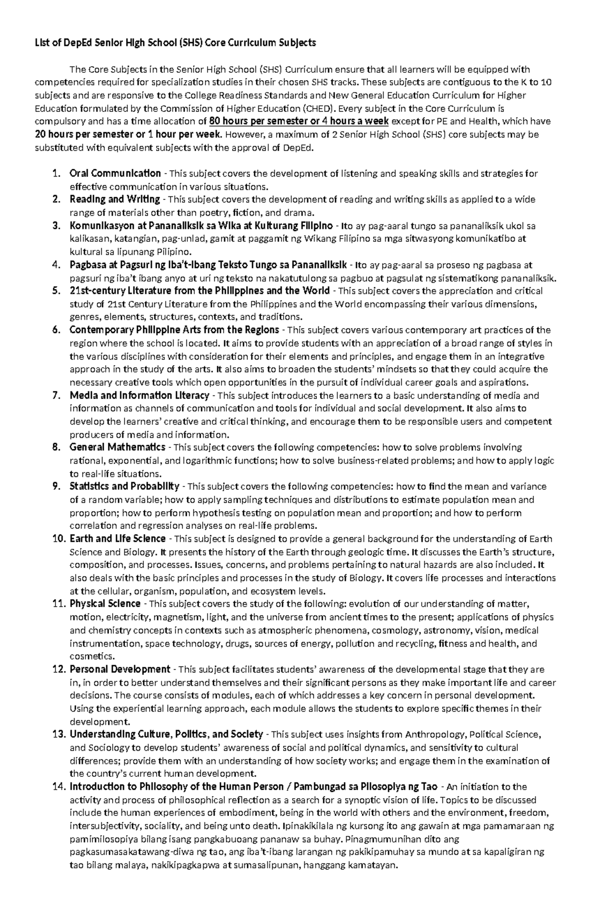 SHS Core Curriculum Subjects Overview for STEM Strand - Studocu