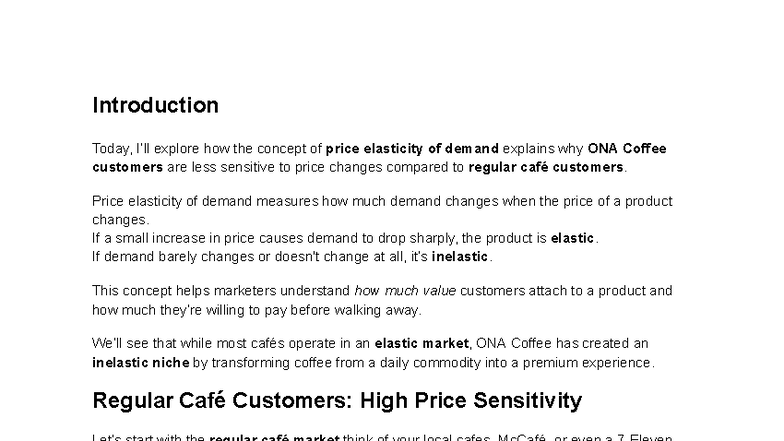 Price Elasticity of Demand: ONA Coffee vs Regular Cafés - Studocu