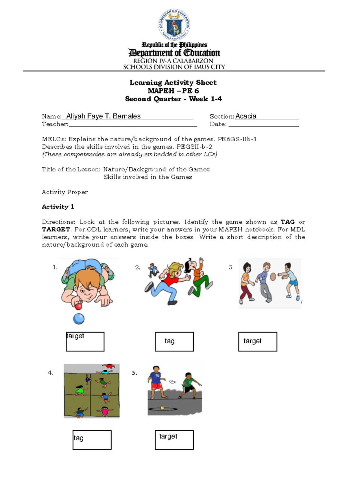 PHYSICAL EDUCATION G6 Q2 W1-4 LEARNING ACTIVITIES & GAMES - Studocu
